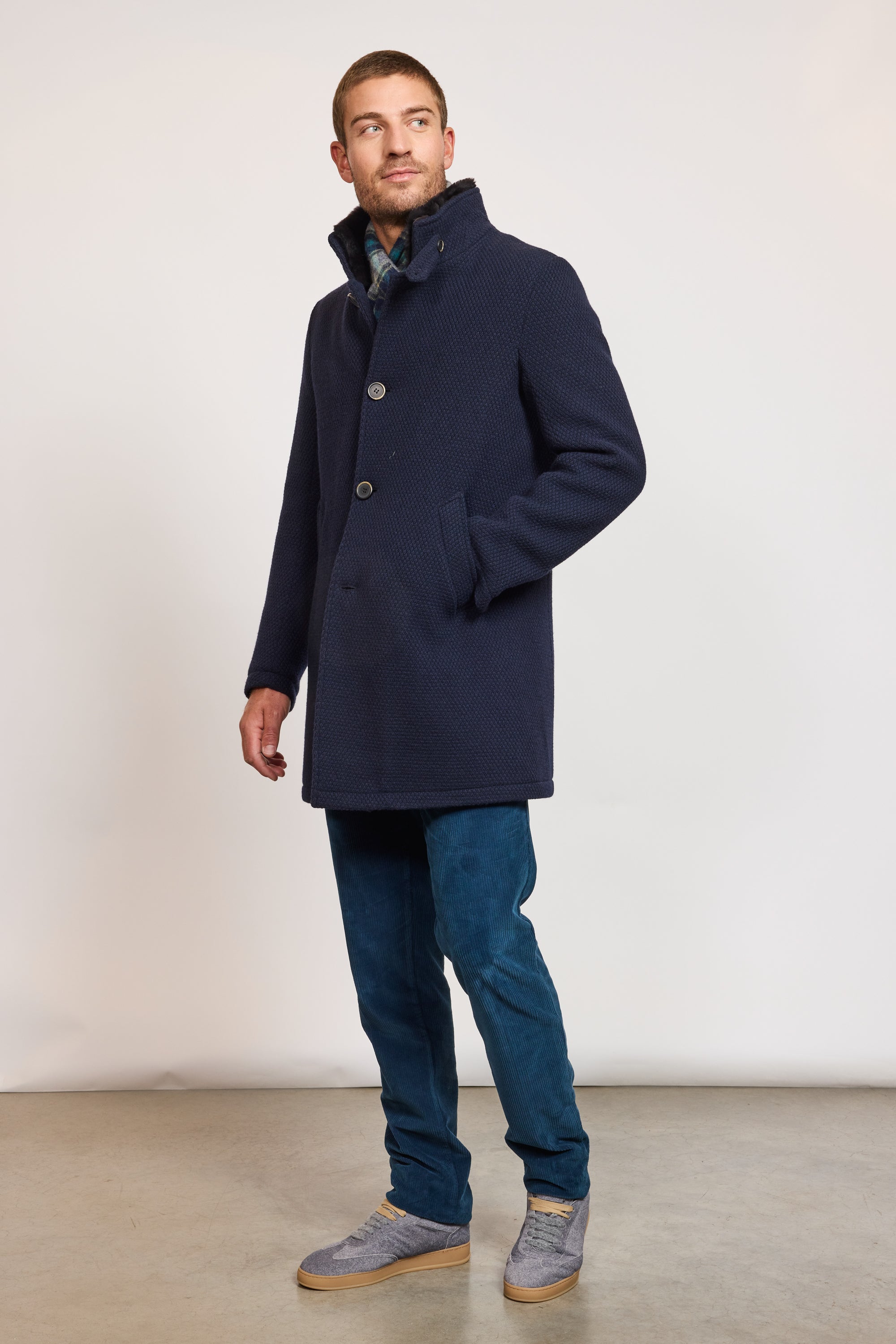 BIRD'S EYE WOOL COAT NAVY – Victoire Paris